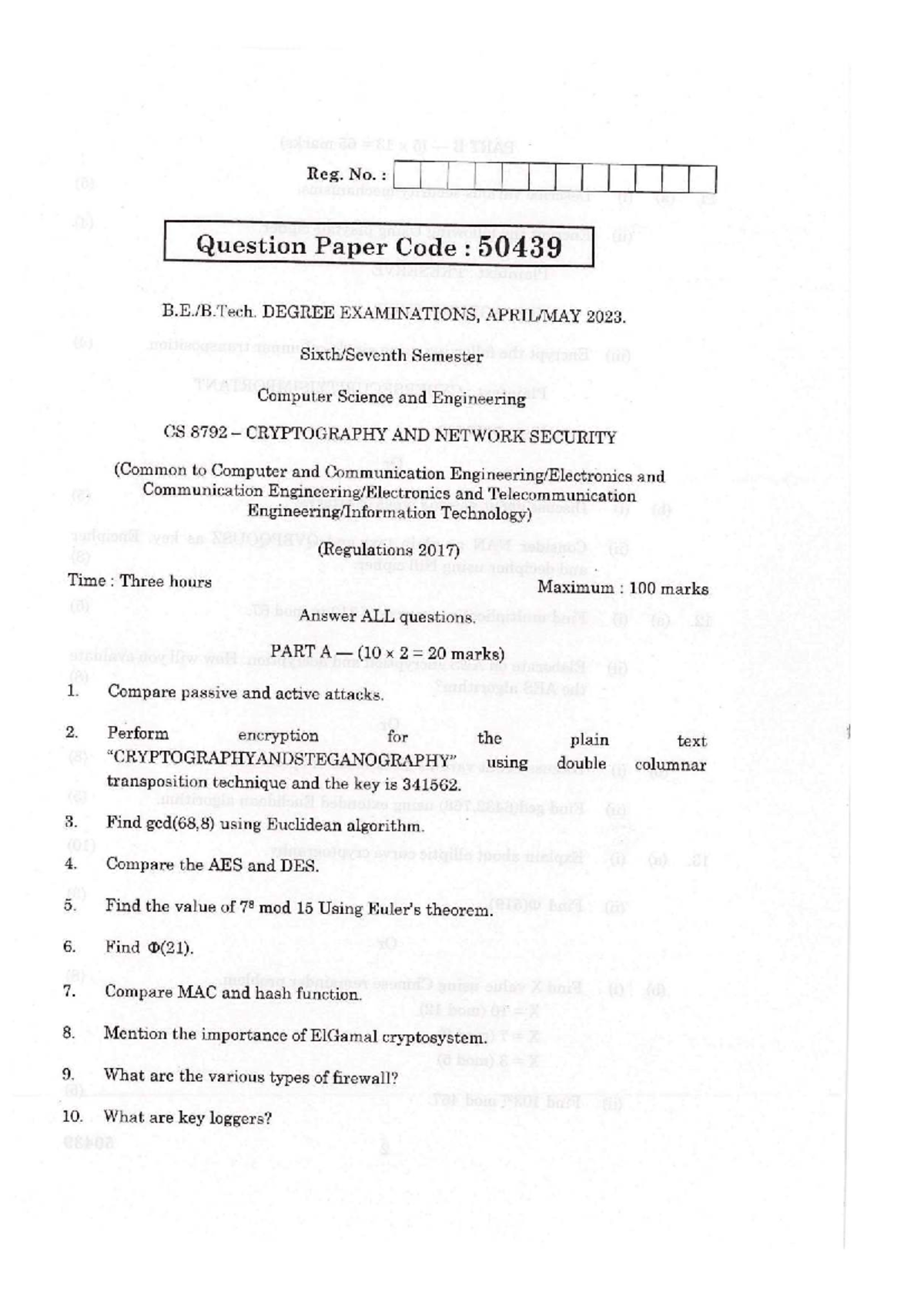 QP-CS8792: Cryptography & Network Security Exam Questions 2023 - Studocu