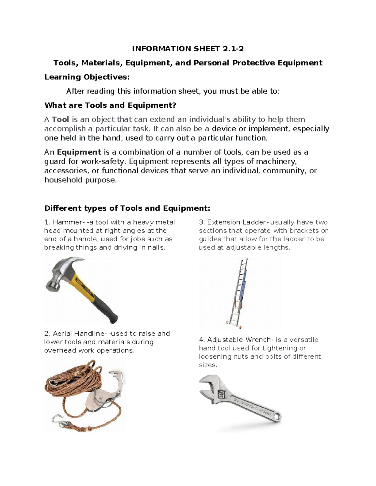 INFO Sheet 2 - Tools, Equipment & PPE in Telecom FOC NCII - Studocu