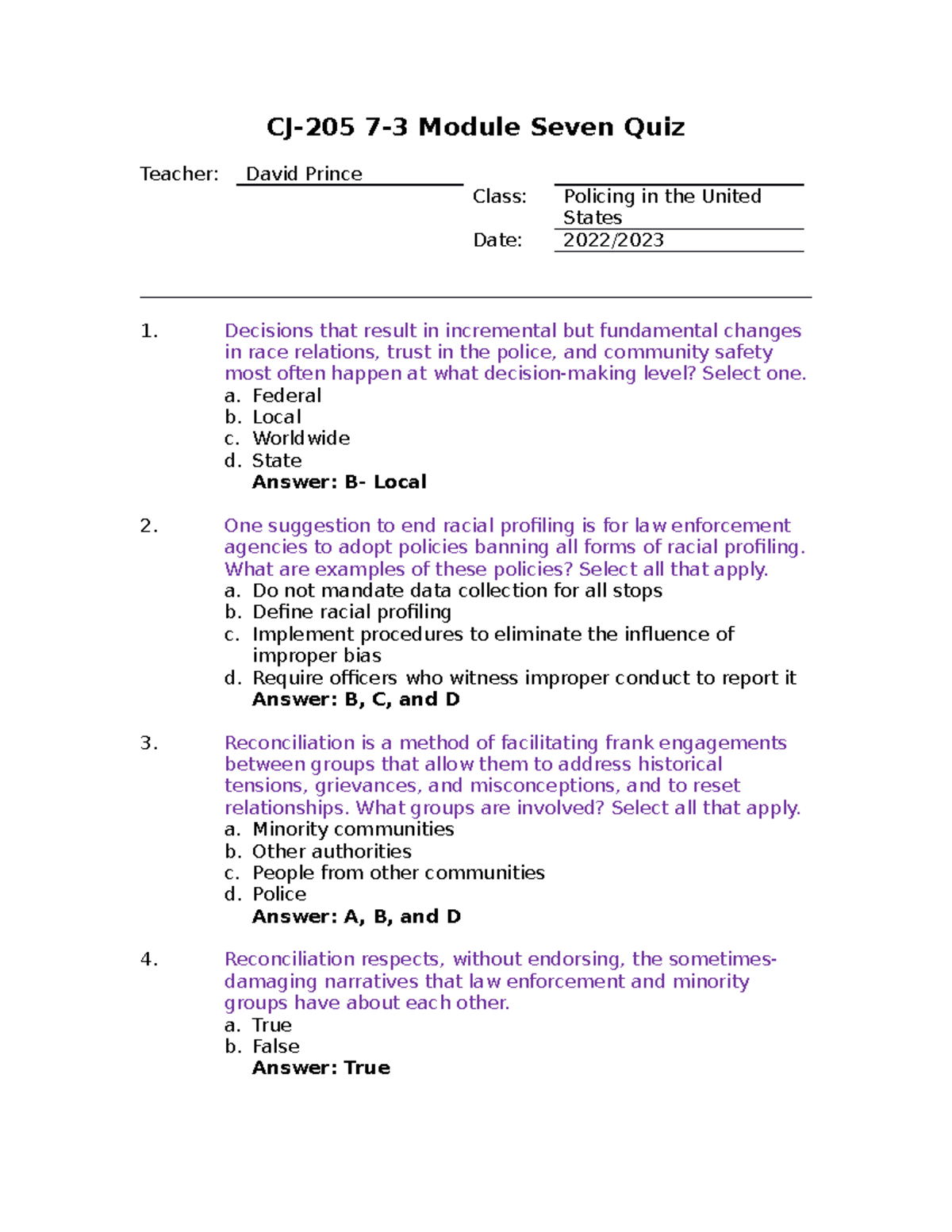 CJ 205 Module 7 Quiz - Key Concepts in Policing and Race Relations ...