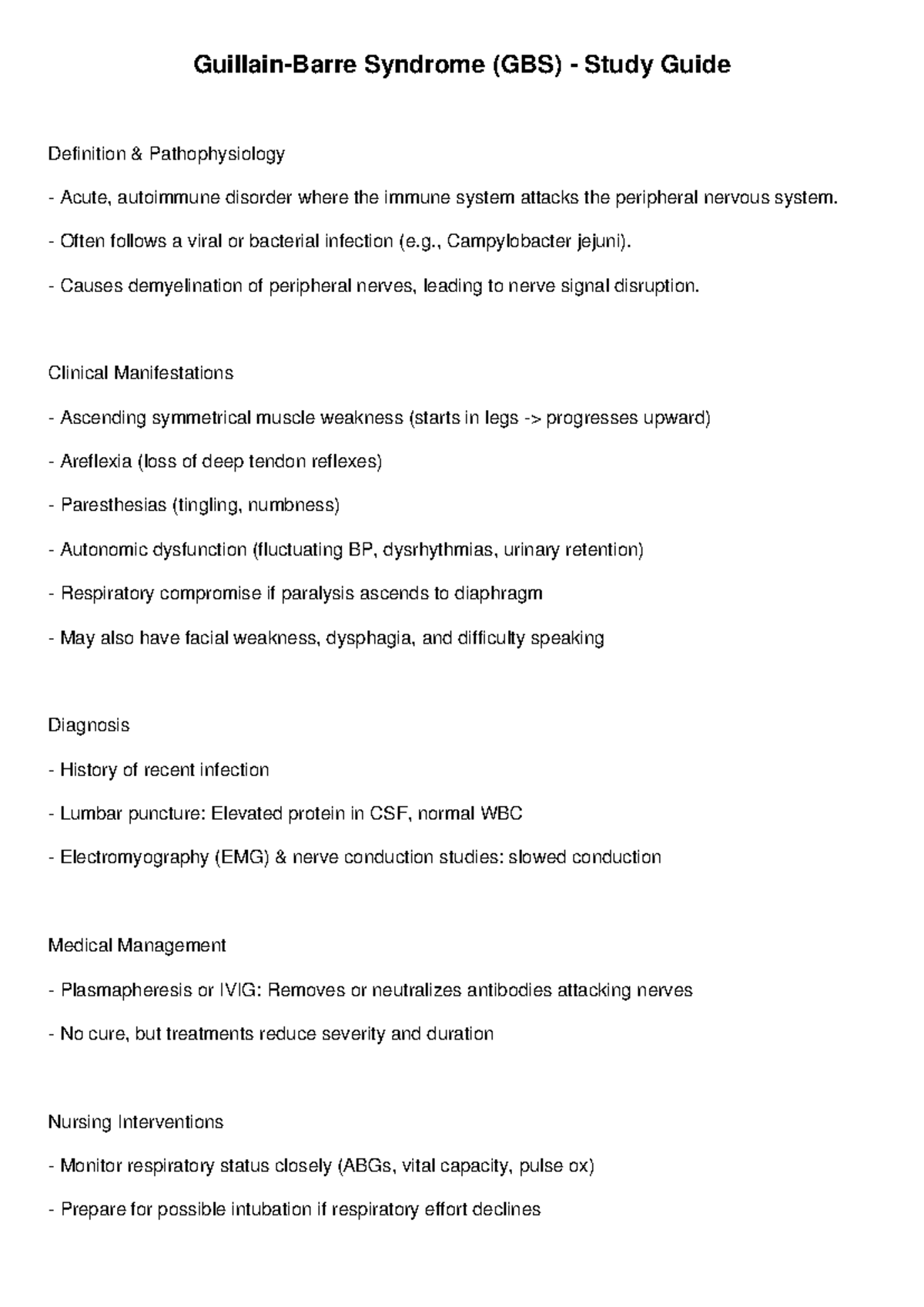 GBS Study Guide: Definition, Pathophysiology, and Management - Studocu
