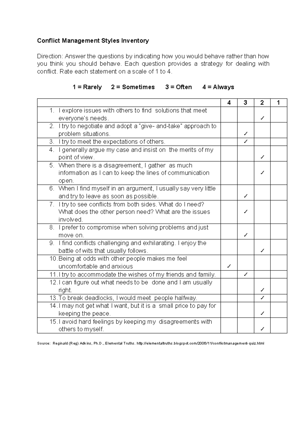 Conflict Management Styles Inventory: Self-Assessment Guide - Studocu