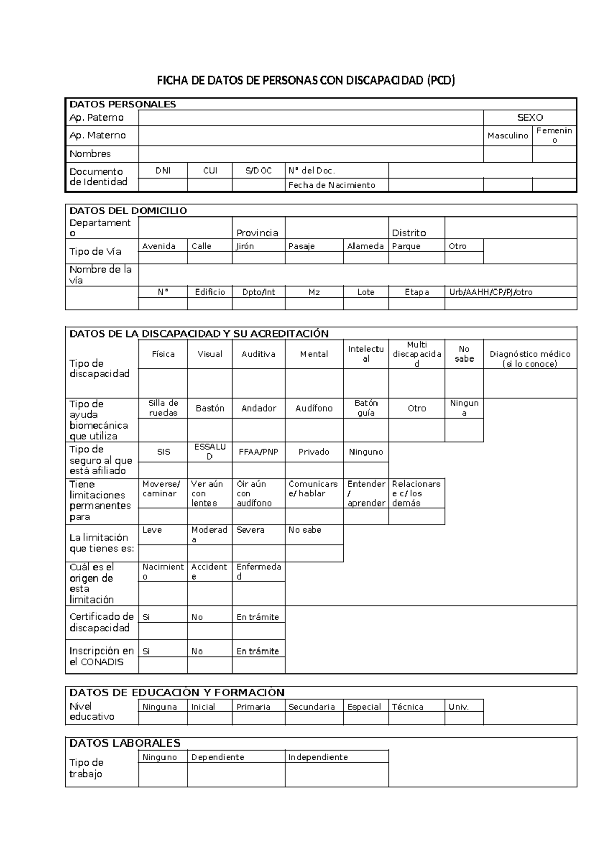 Ficha de datos de personas con discapacidad - FICHA DE DATOS DE ...