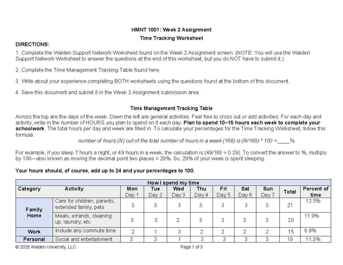 HMNT 1001: Week 2 Time Tracking Worksheet & Reflection Assignment - Studocu