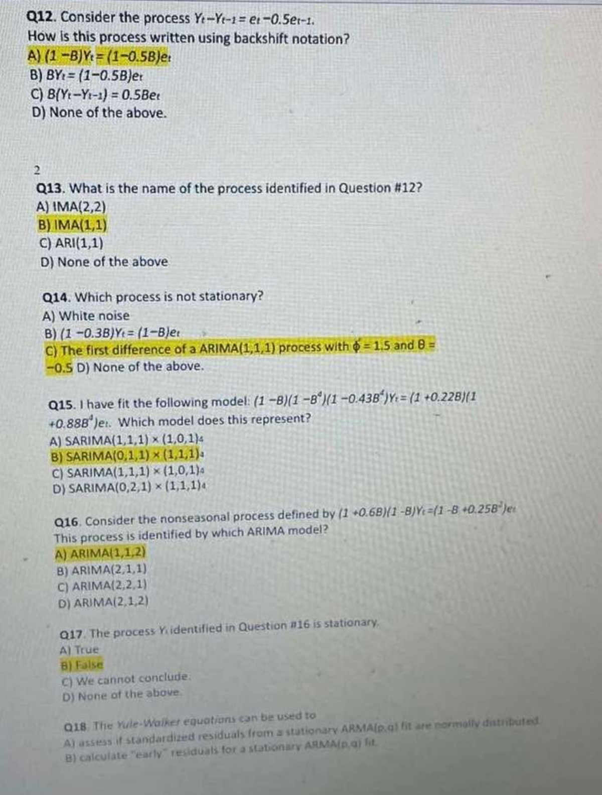 Final Exam - Time Series Analysis (STAT 2024) Multiple Choice Questions ...