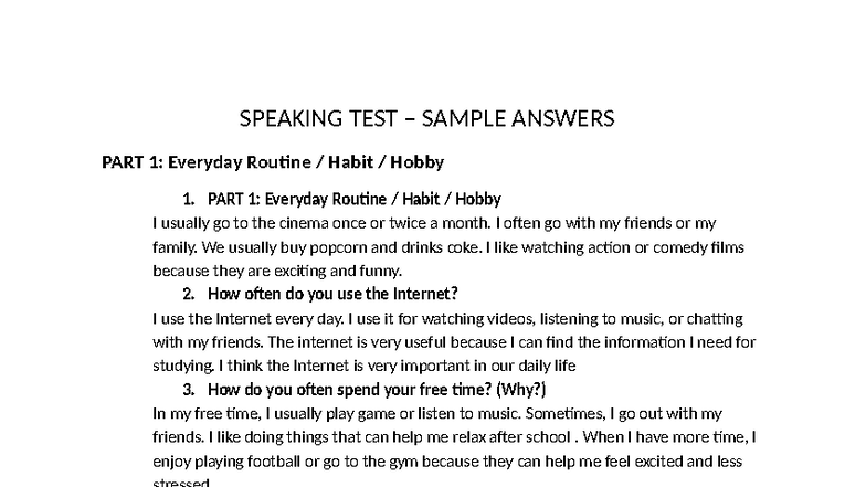 SPEAKING TEST SAMPLE ANSWERS PART 1: Daily Routines & Habits - Studocu