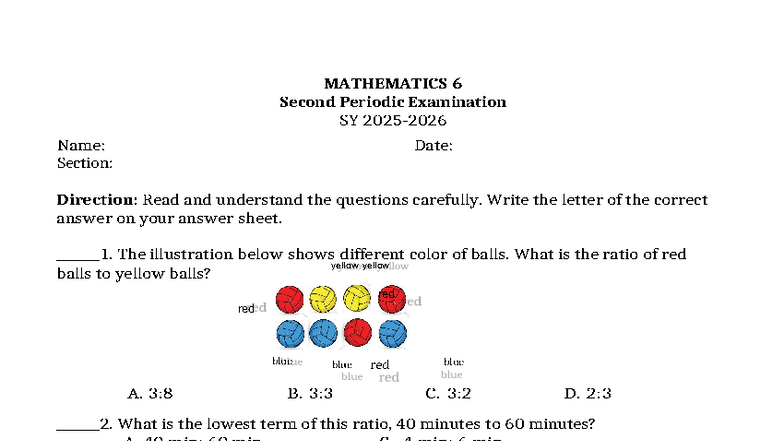 MATH 6 Second Periodic Exam Q2 - Answer Key and Solutions - Studocu