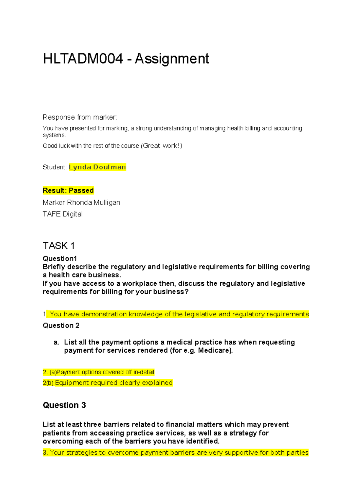 HLTADM004 Assessment 1 Feedback: Understanding Health Billing Systems ...