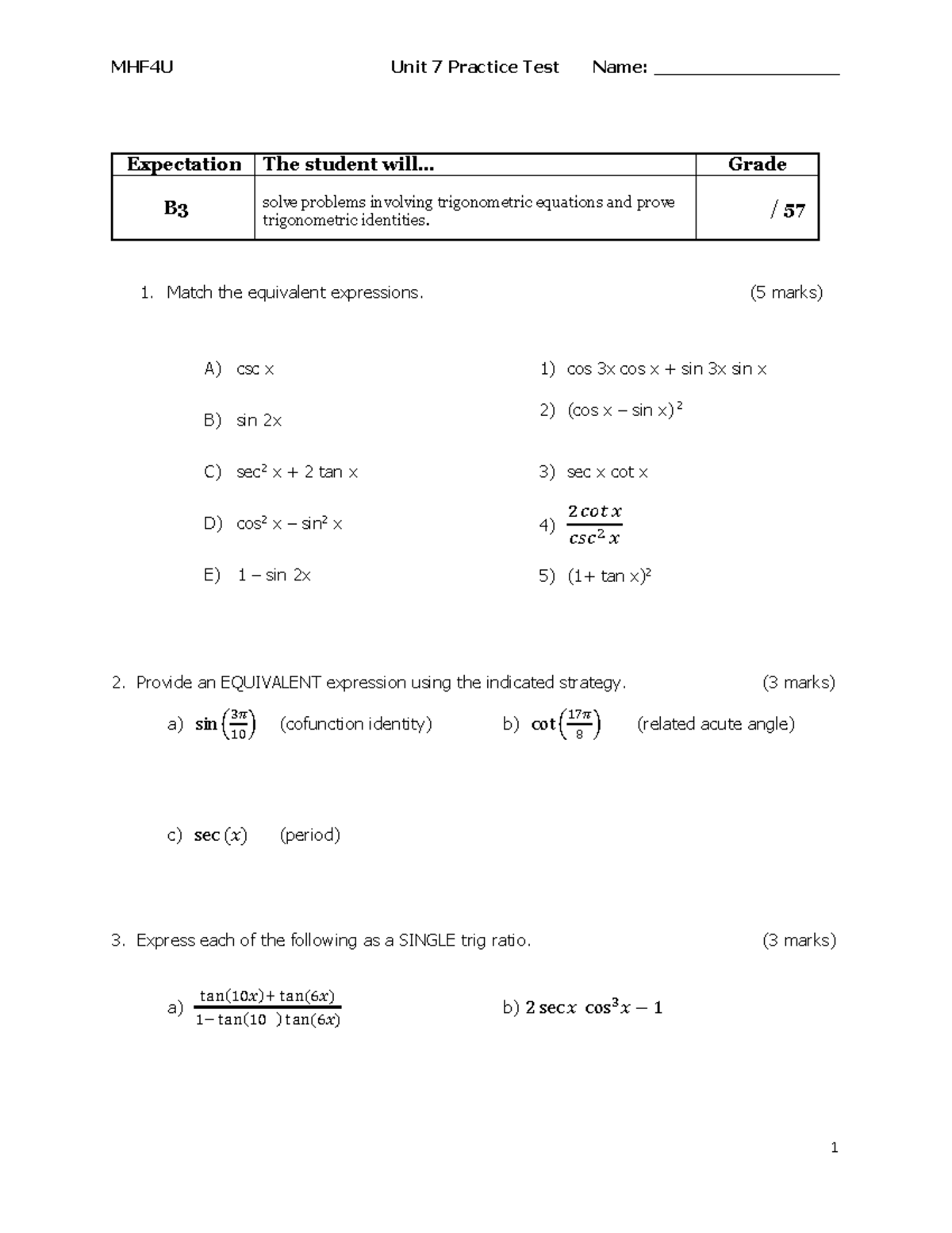 MHF4U Unit 7 Trigonometric Equations & Identities Practice Test - Studocu