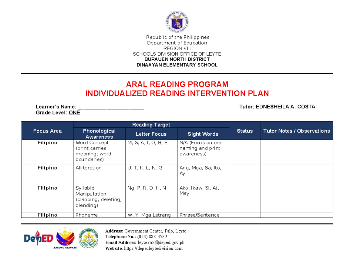 ARAL Reading Intervention Plan for Grade 1 - Leyte Division - Studocu