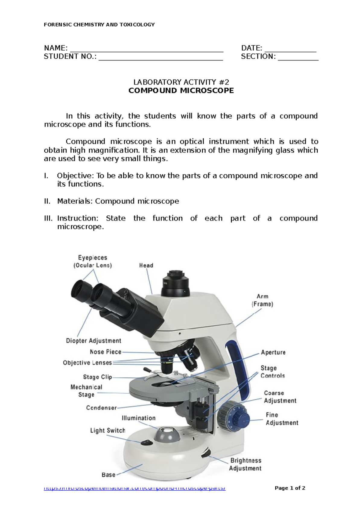 Laboratory Activity 2 - Compound Microscope - FORENSIC CHEMISTRY AND ...