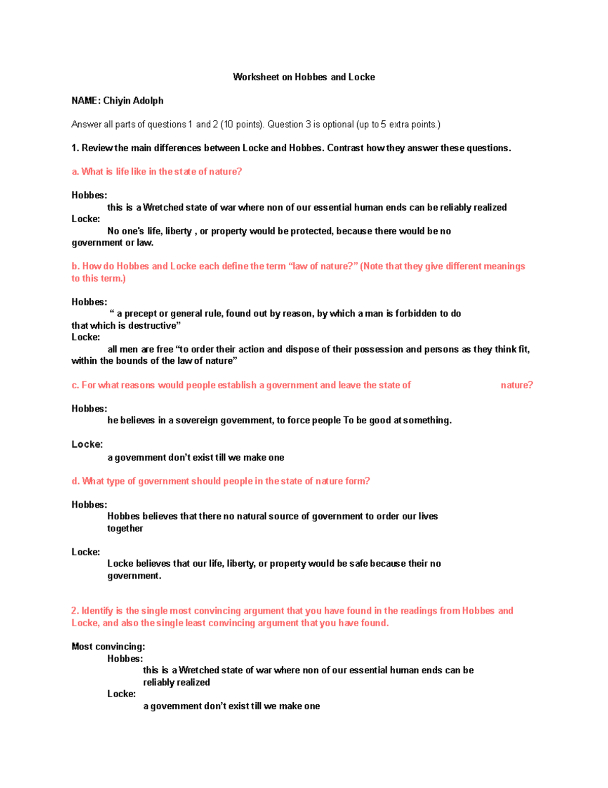 Worksheet: Comparing Perspectives of Hobbes and Locke on Government ...