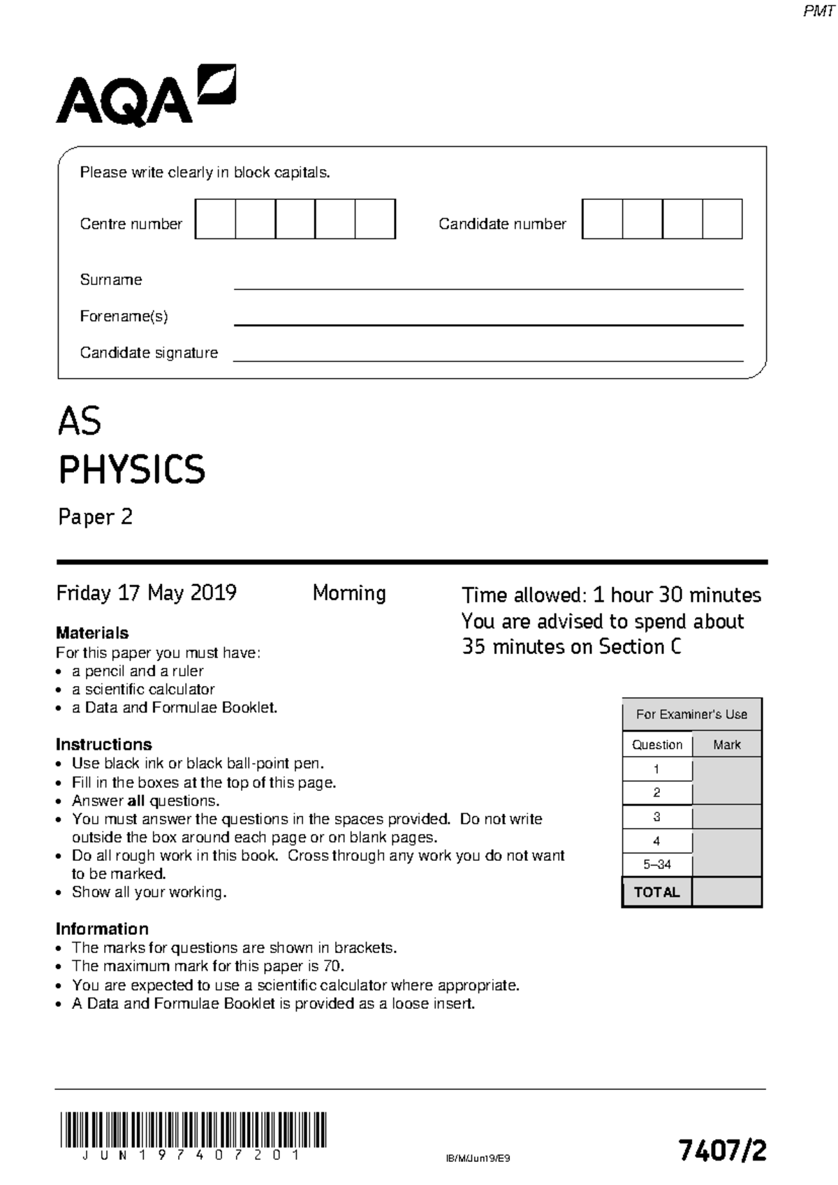AS PHYSICS Paper 2 June 2019 Question Paper (QP) - Studocu