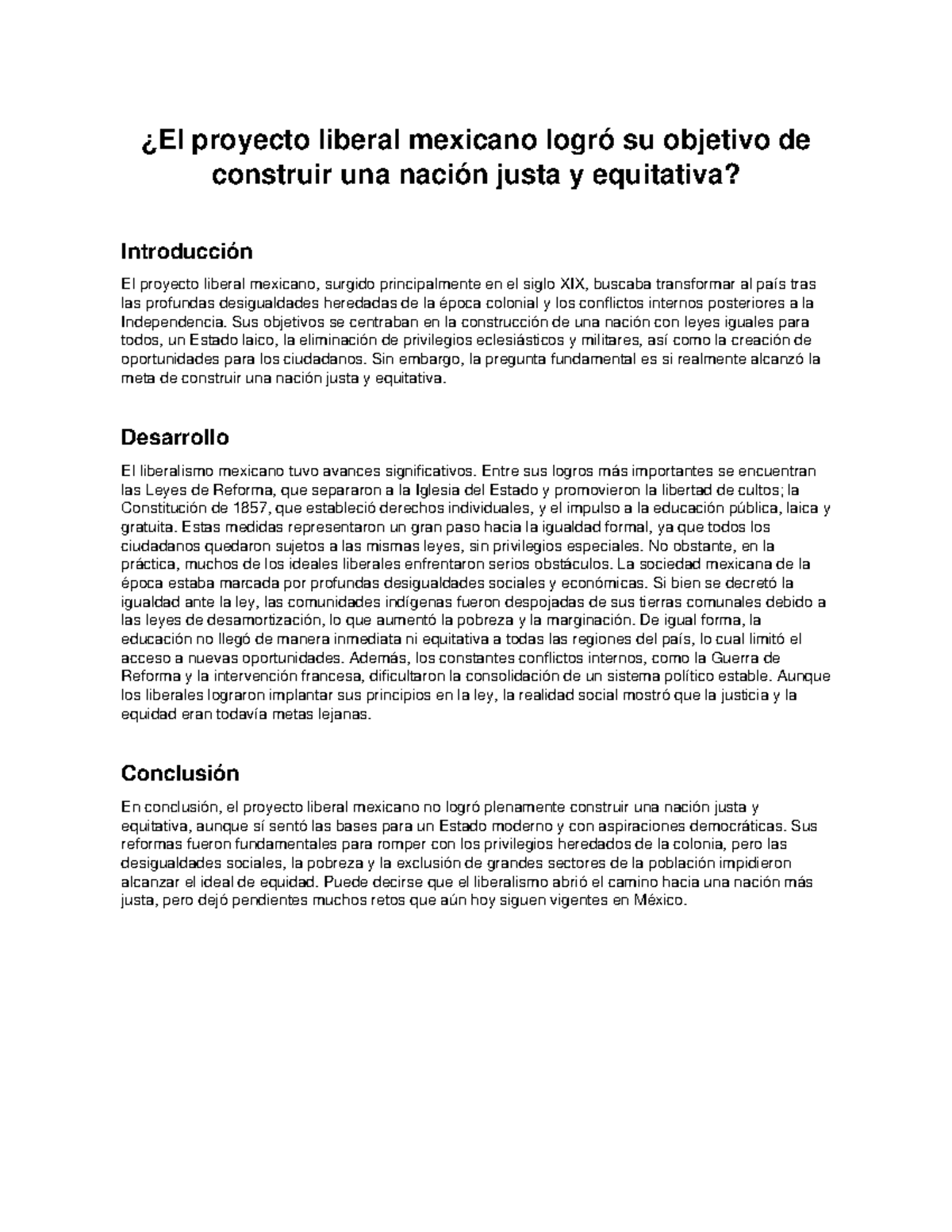 Ensayo sobre el Proyecto Liberal Mexicano: Logros y Desafíos - Studocu