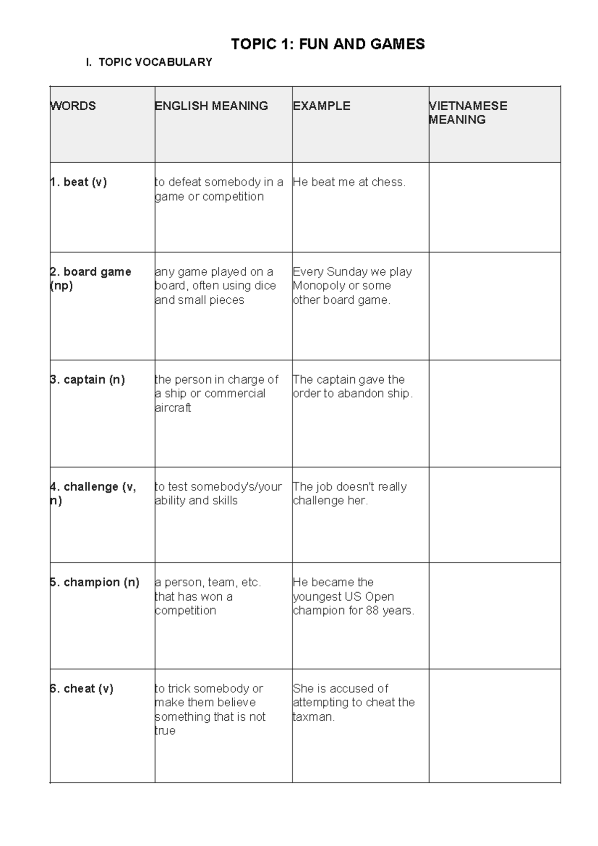 Lesson 1: Fun and Games Vocabulary for lớp 6 - Studocu
