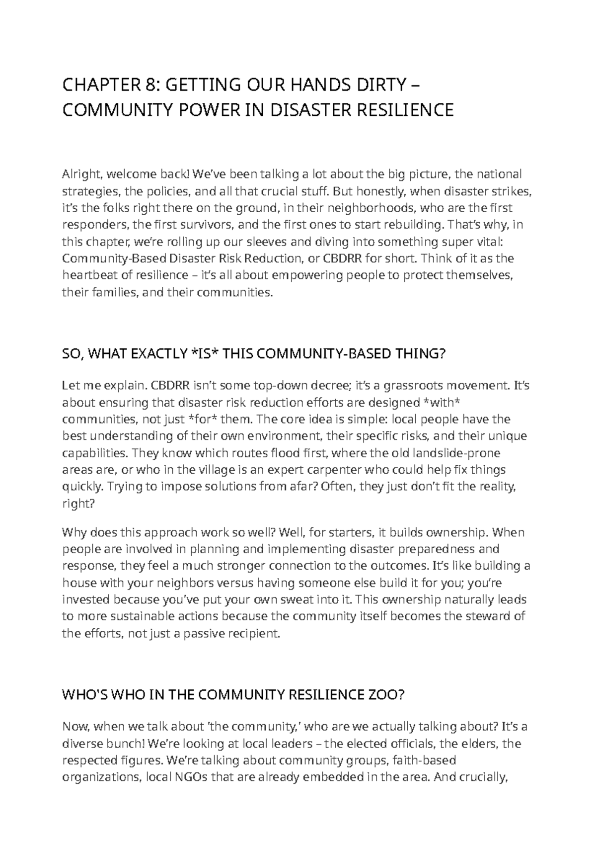 CHAPTER 8: COMMUNITY POWER IN DISASTER RESILIENCE & CBDRR - Studocu