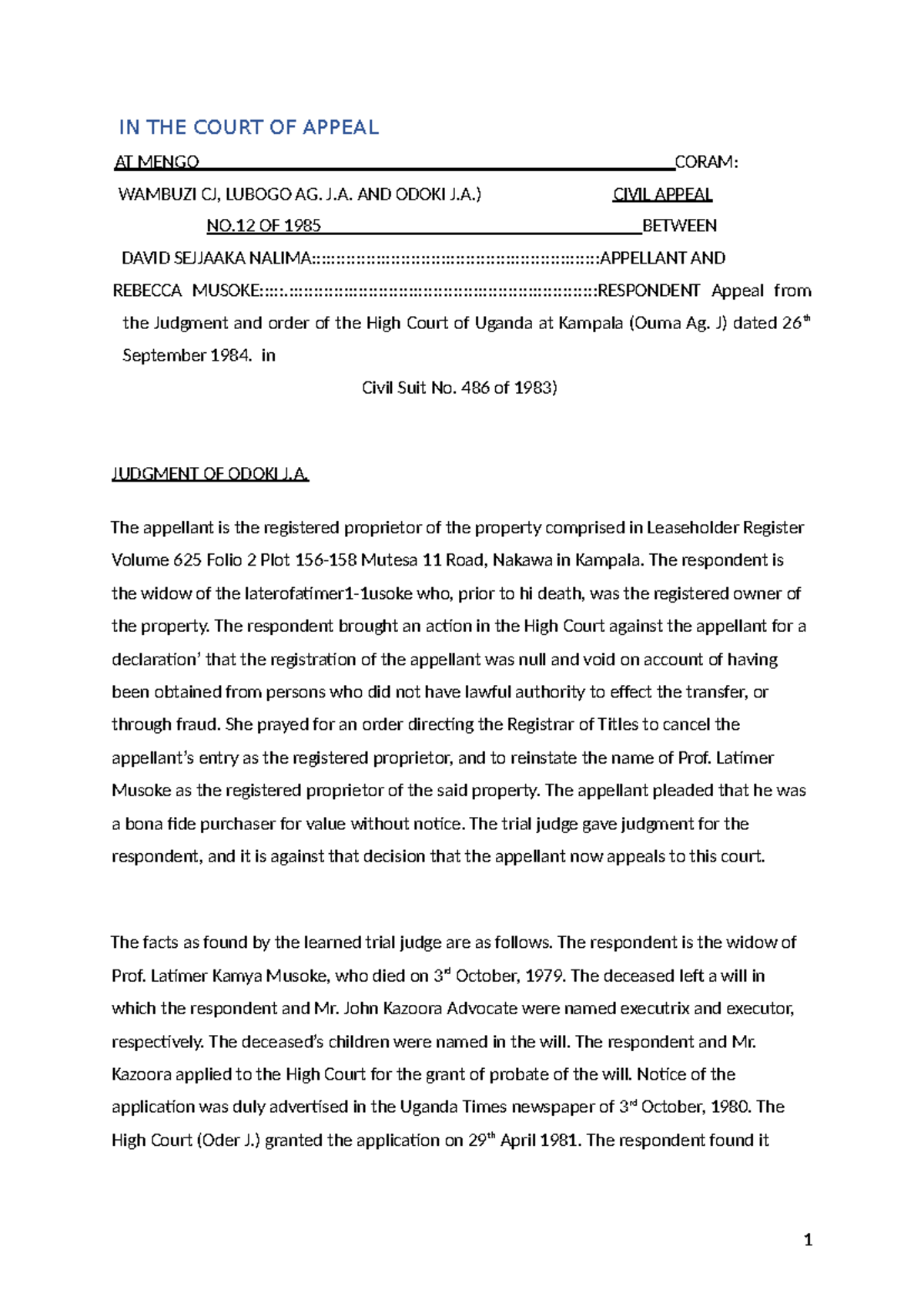David Sajjaaka Nalima v. Rebecca Musoke: Civil Appeal No. 12 of 1985 ...