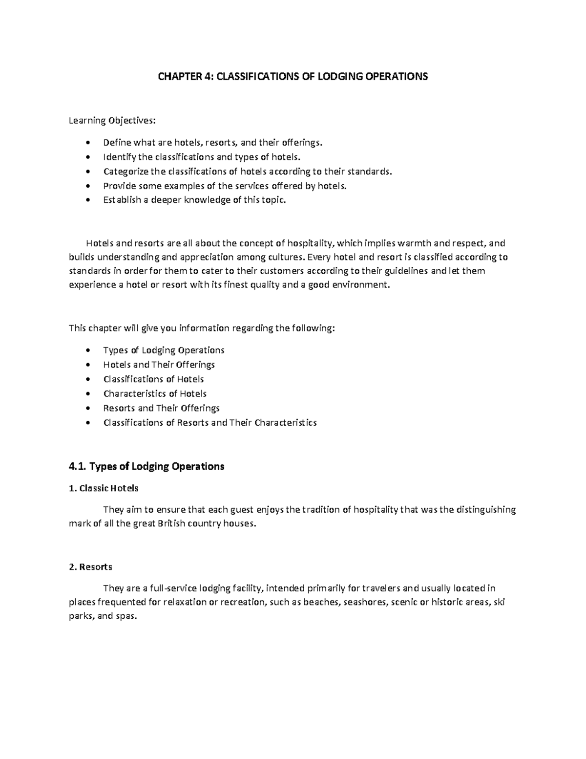 Fundamentals in Lodging Operations: Chapter 4 Classifications - Studocu