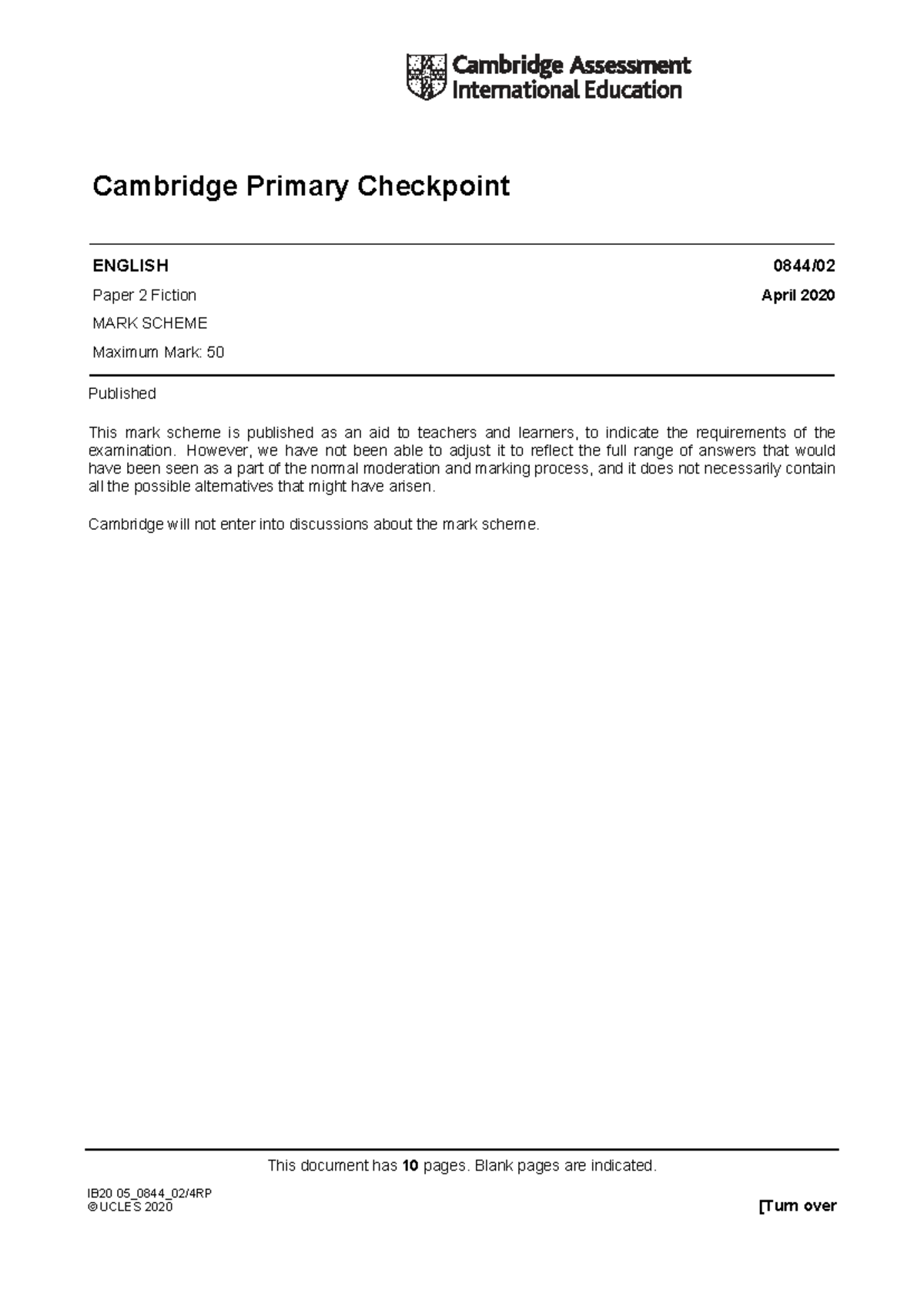 Cambridge Primary Checkpoint ENGLISH Paper 2 Mark Scheme April 2020 ...