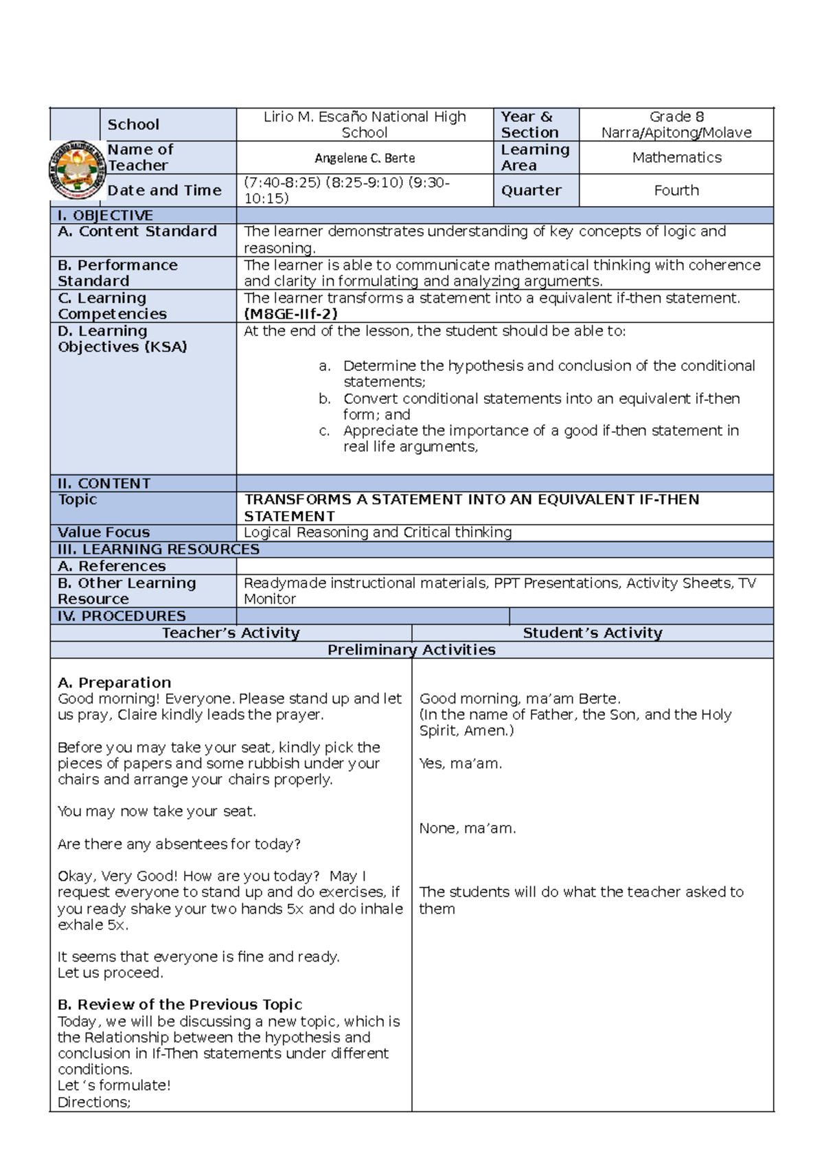 Equivalent If-Then Statements: Grade 8 Math Lesson (Quarter 4) - Studocu