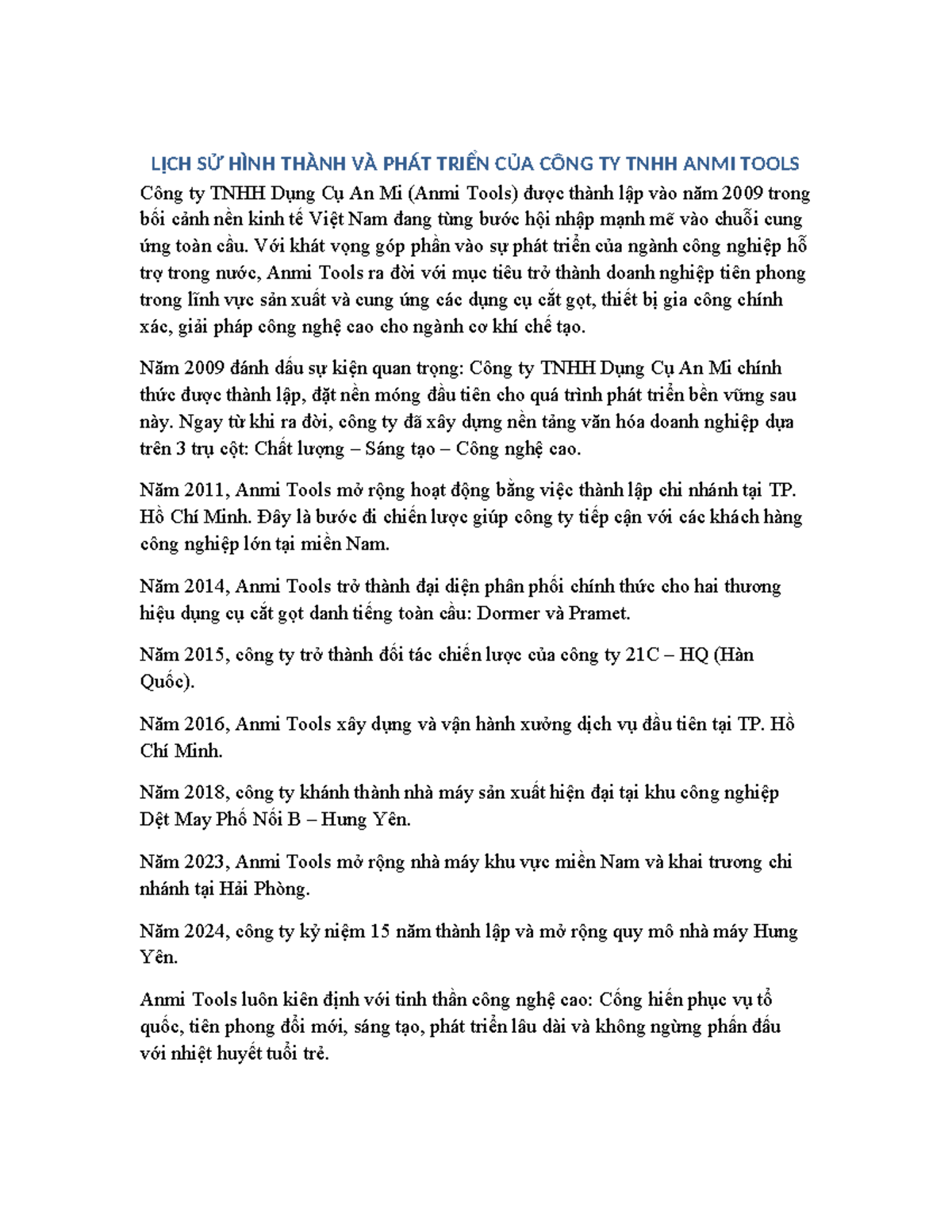 Lịch Sử Phát Triển Công Ty TNHH Anmi Tools (2009-2024) - Studocu