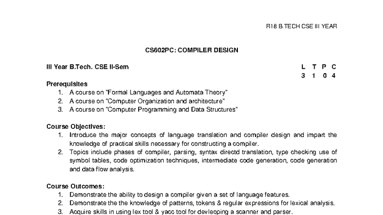 R18 B.TECH CSE CS602PC: Compiler Design Syllabus Overview - Studocu