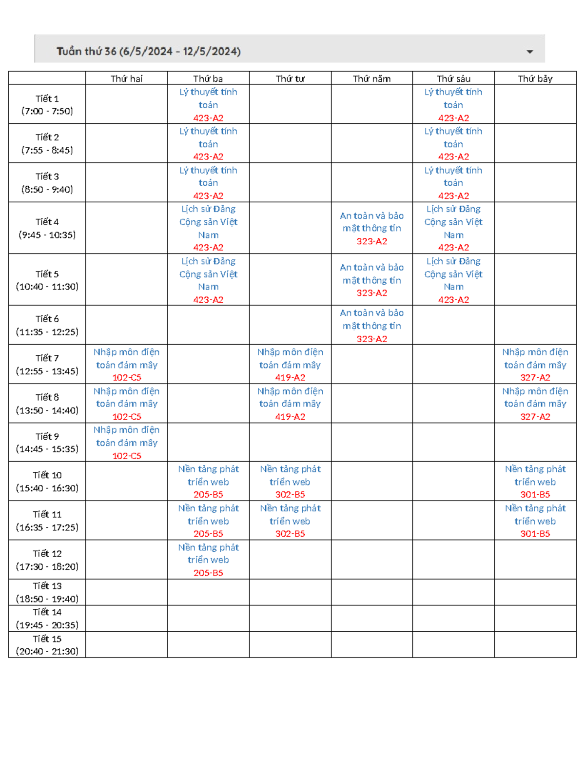 Thời khoá biểu TLU cho các môn học 423-A, 323-A, 102-C, 205-B - Studocu