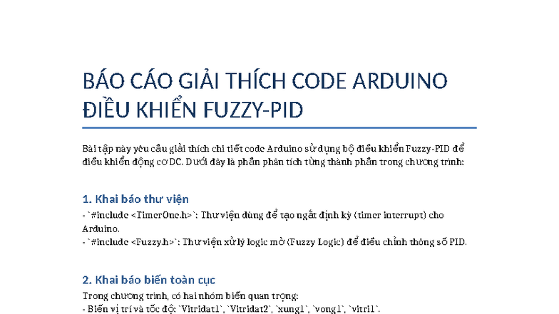 Giai Thích Code Arduino Điều Khiển Động Cơ DC - Bài Tập Fuzzy PID - Studocu
