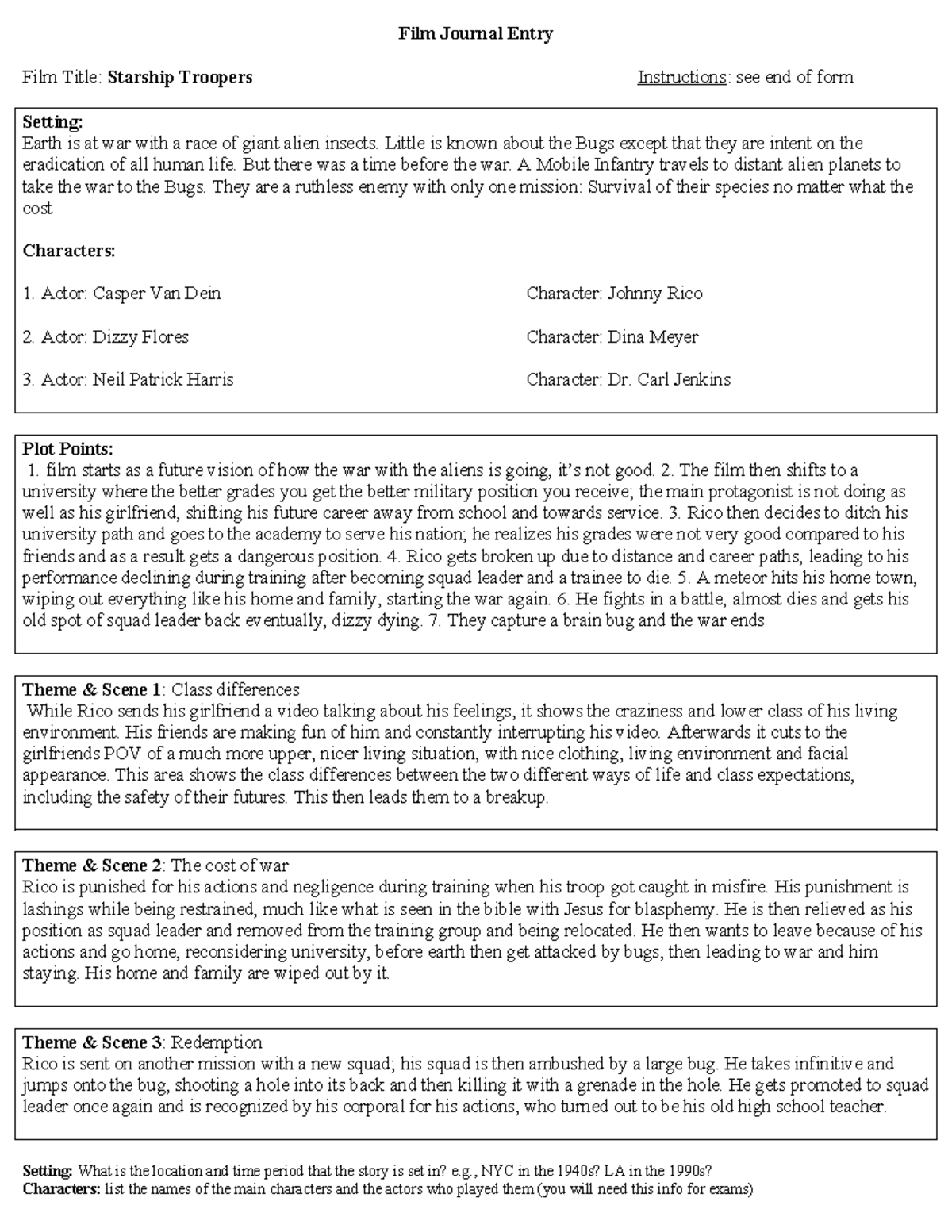 Starship Troopers (Film Journal Entry) - Key Themes & Characters - Studocu