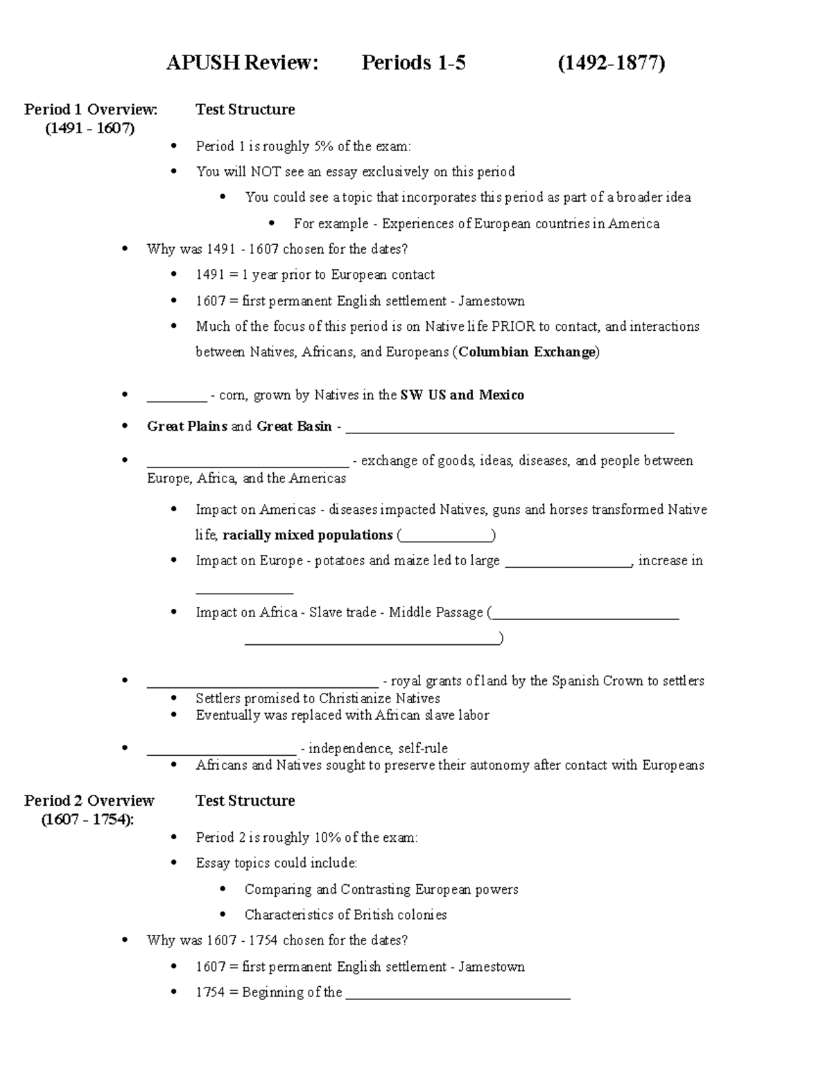 APUSH Review: Periods 1-5 Summary & Fill-in-the-Blank Notes - Studocu