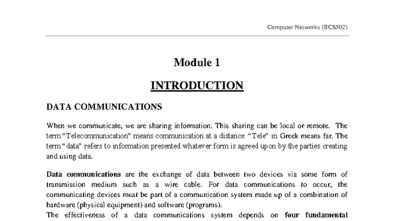 Computer Networks (BCS502) Module 1: Intro to Data Communications - Studocu