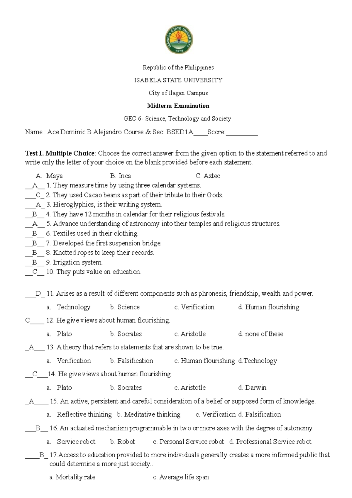 Sts-midterm exam - Reviewer and summary - Republic of the Philippines ...