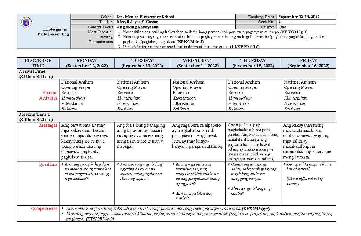 Kindergarten DLL Week 4 Lesson Plan (MELC Q1) - Studocu