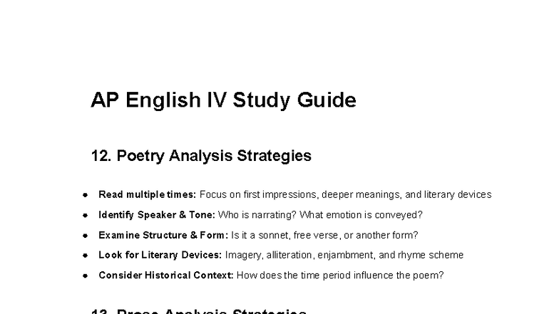 AP English IV Study Guide: Poetry & Prose Analysis Strategies - Studocu