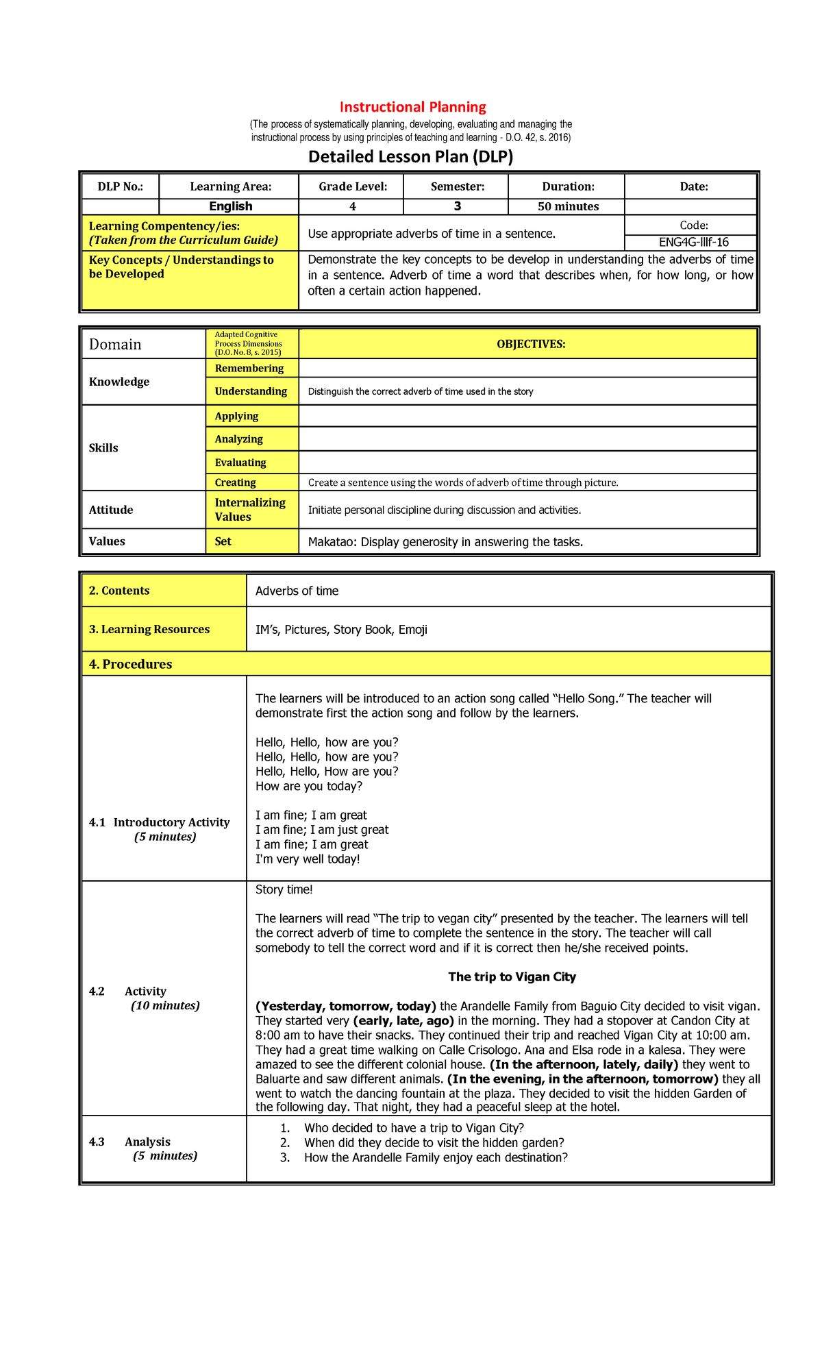 Final DPL Lesson Plan on Using Adverbs of Time (ENG4G-lllf-16) - Studocu