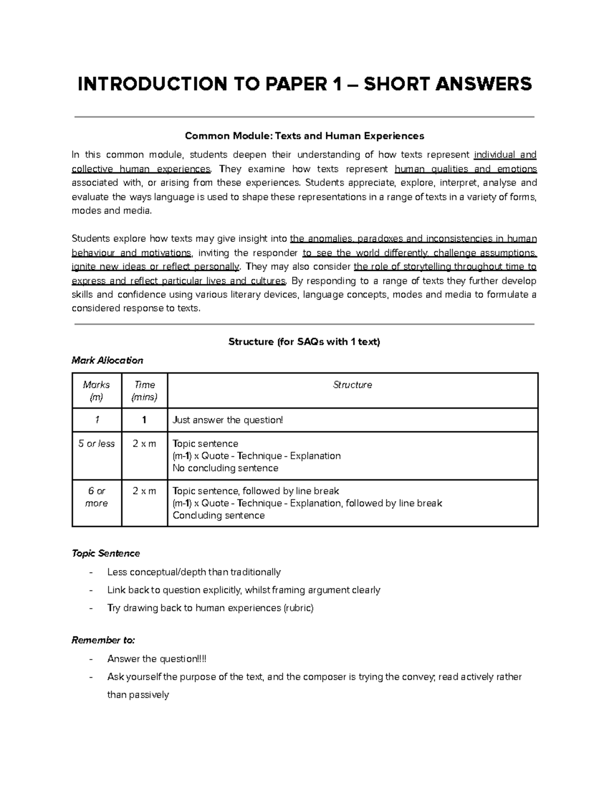 Common Module: Texts & Human Experiences Short Answers - Studocu