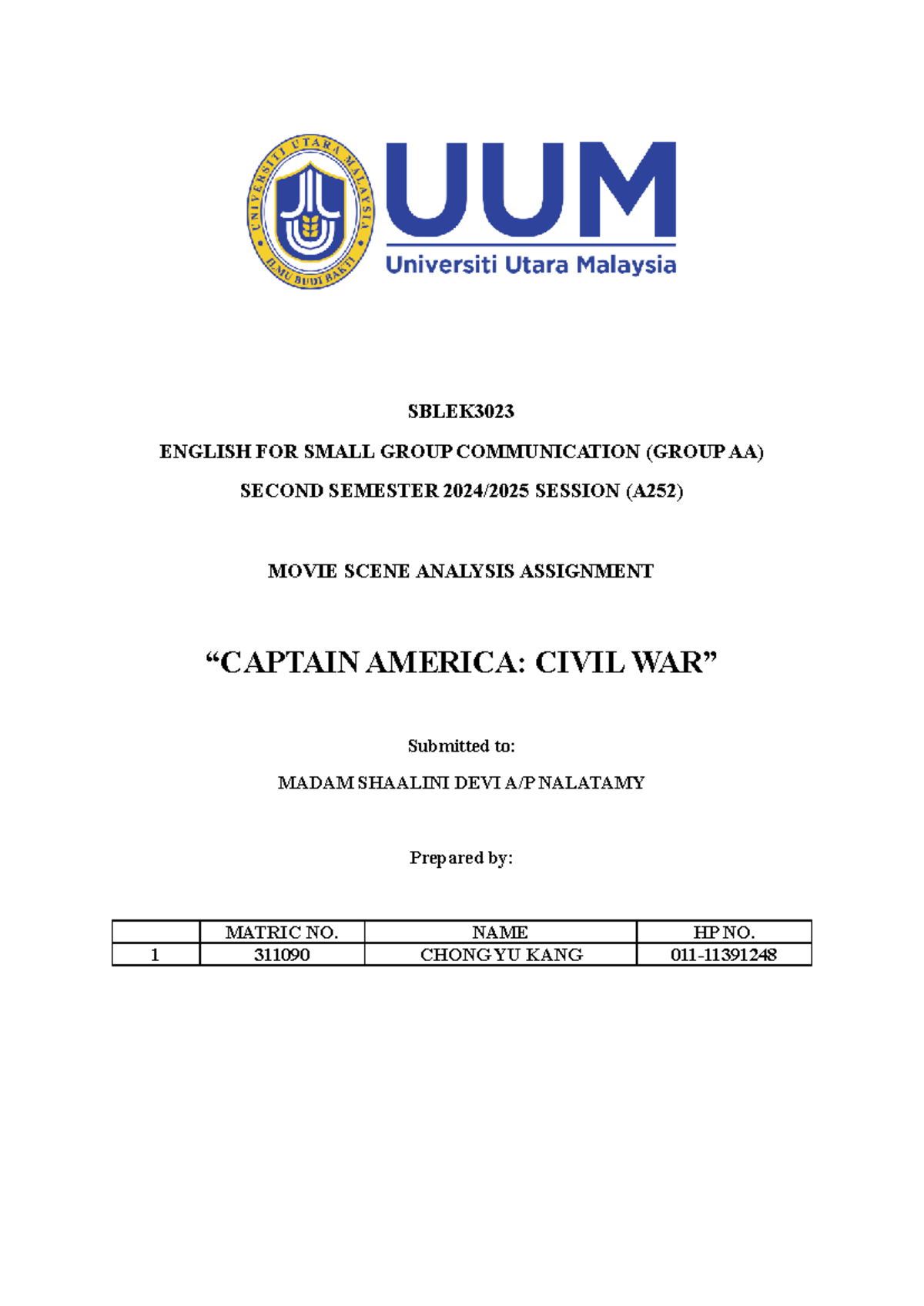 SBLEK3023 Movie Scene Analysis Assignment: Captain America Civil War ...
