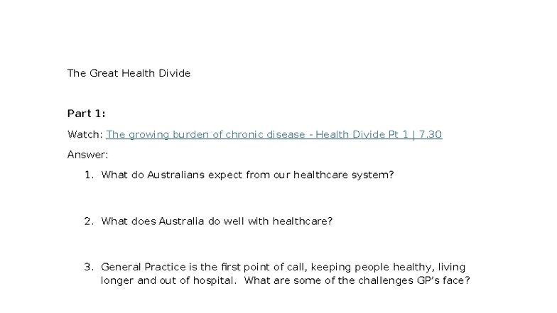 The Great Health Divide: Chronic Disease & Healthcare Insights - Studocu