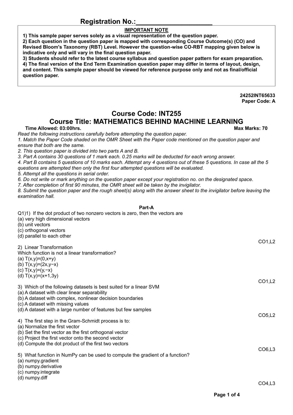 INT255 Final Exam Sample Paper: Mathematics Behind ML - Studocu