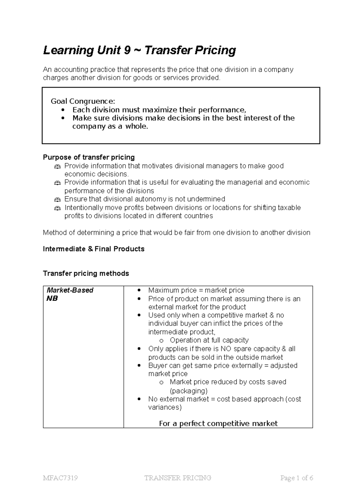 Learning Unit 9: Comprehensive Overview of Transfer Pricing Techniques ...