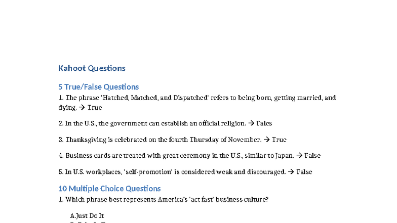 Kahoot Questions for U.S. Culture & Business Practices - Studocu