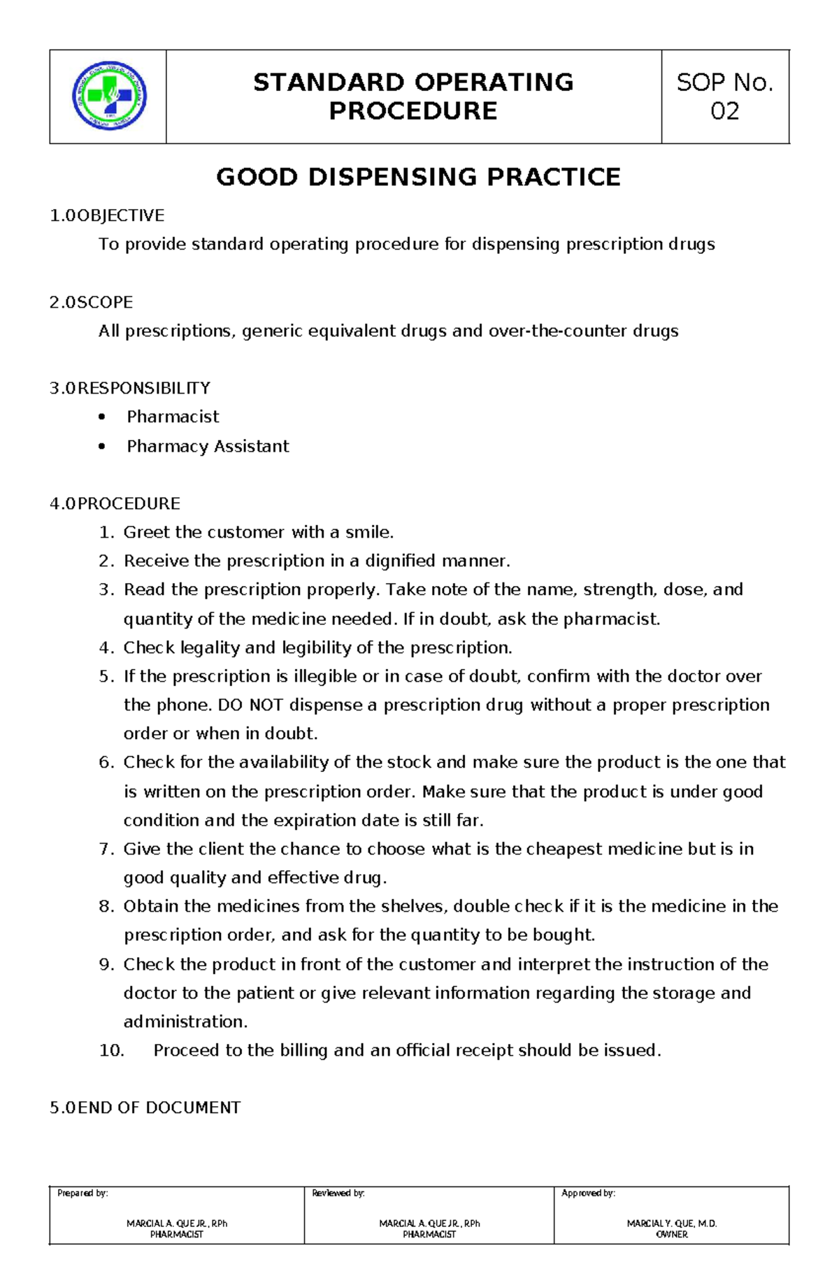 SOP No. 02: Good Dispensing Practice Guidelines - Studocu