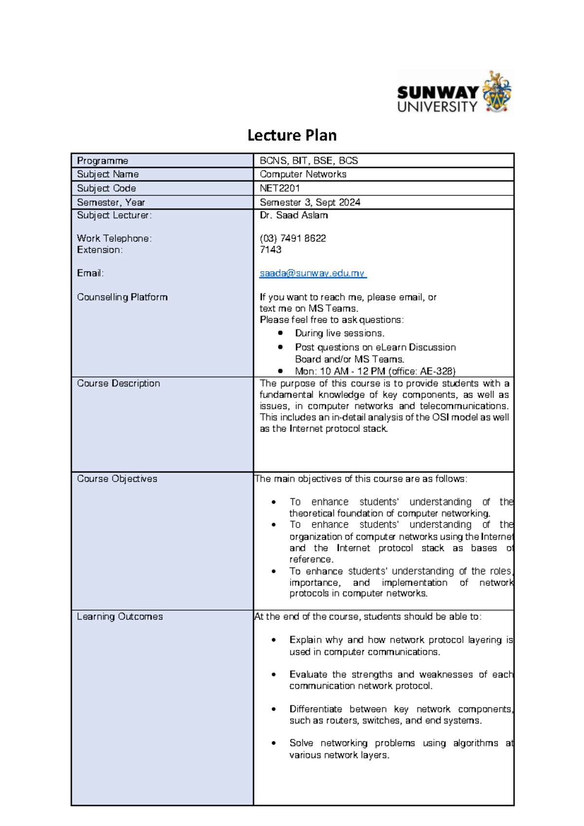 NET2201 Computer Networks Sept 2024 - Lecture Plan Programme BCNS, BIT ...