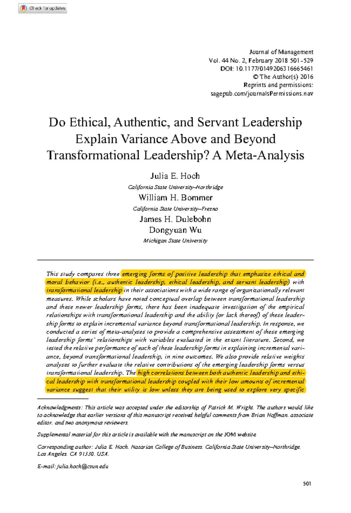 Meta-Analysis of Leadership: Authentic, Ethical & Servant Forms - Studocu
