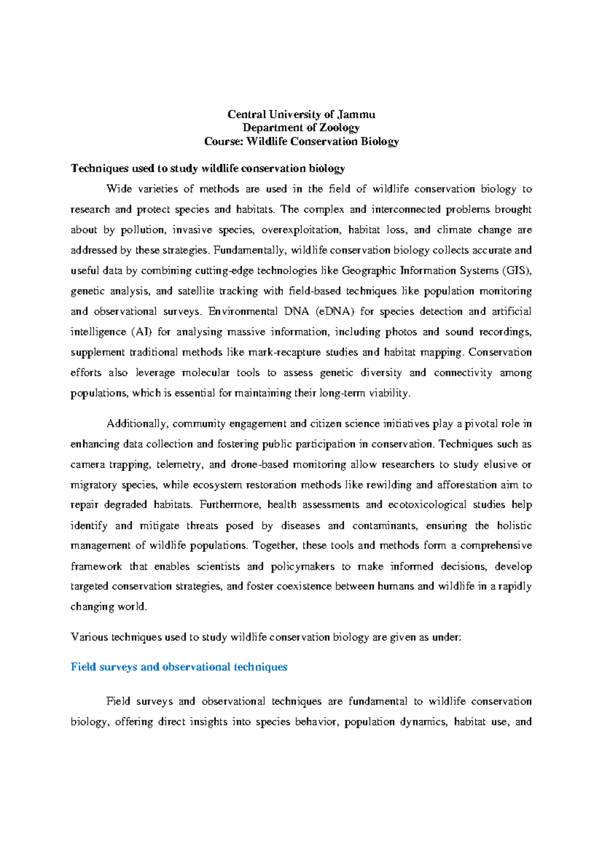 Wildlife Conservation Biology Techniques (817493017) - Studocu