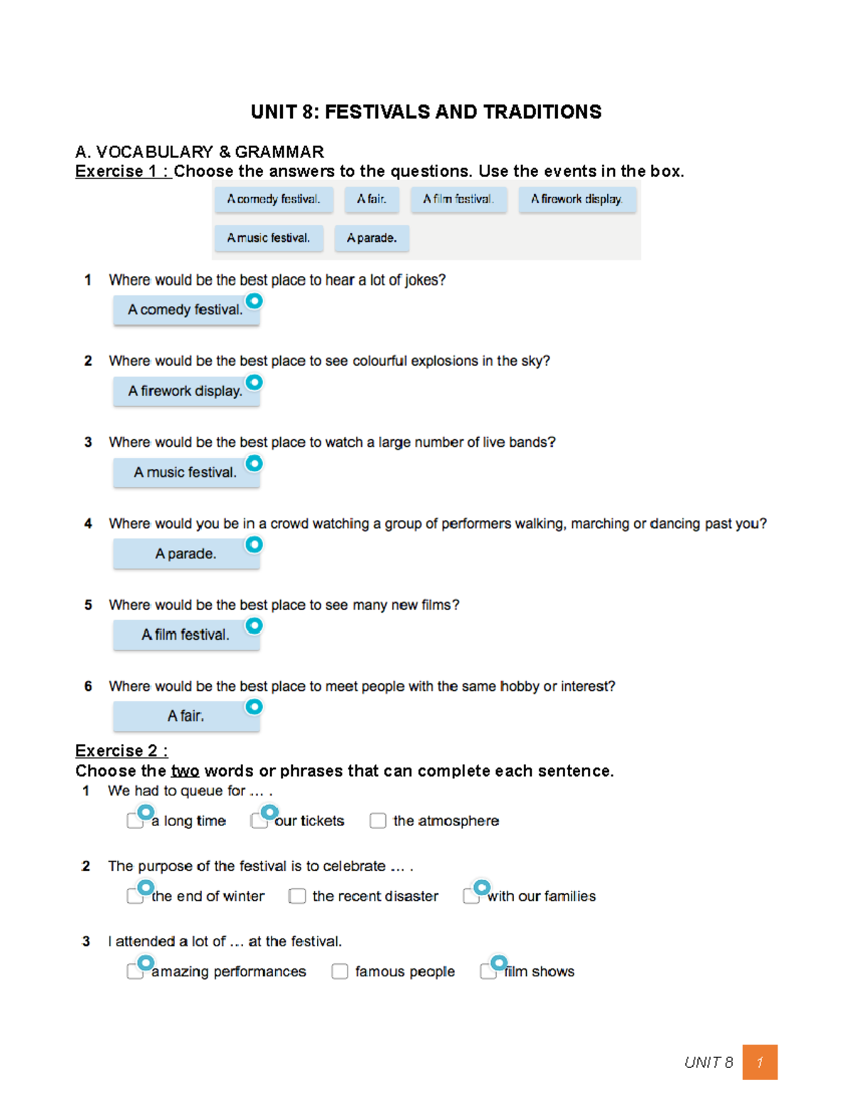 UNIT 8: Festivals and Traditions - Key Exercises and Insights - Studocu