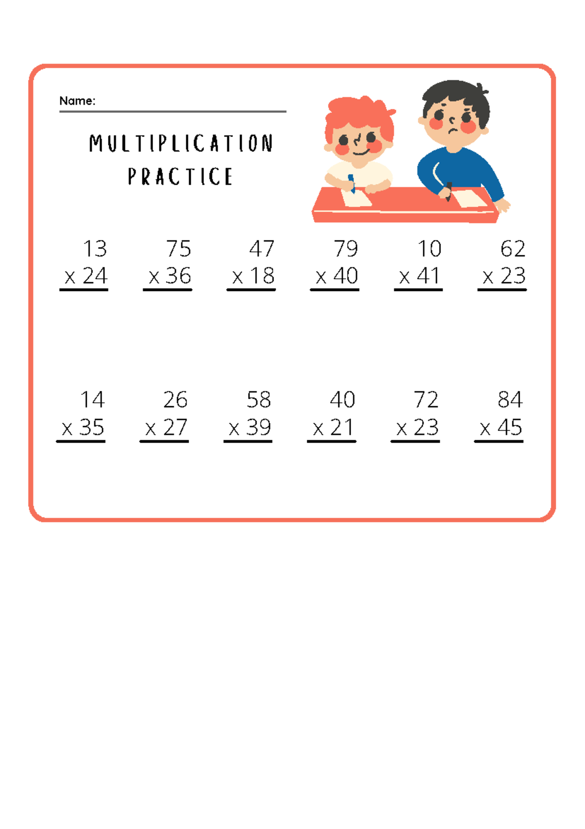 Double Digit Multiplication Practice Worksheet - Name: MULTIPLICATION ...