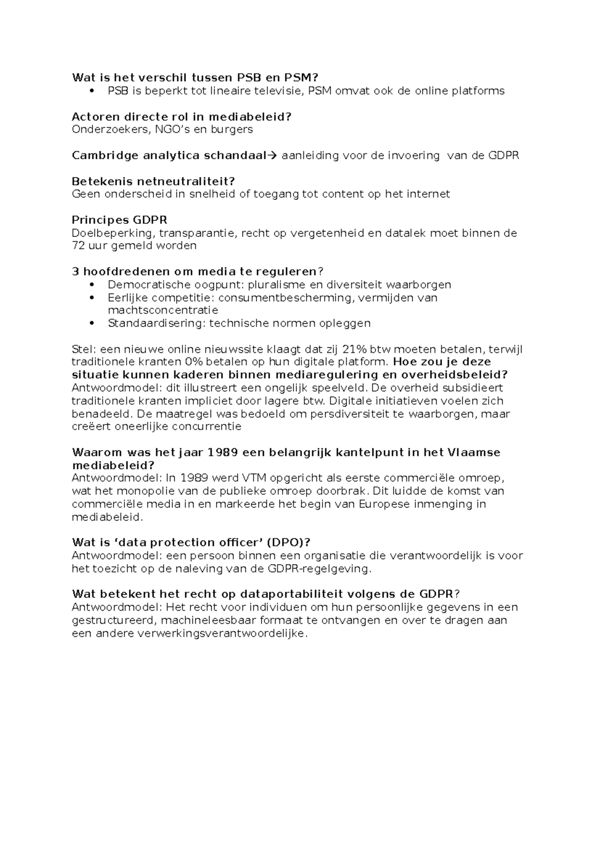 Voorbeeld Examenvragen Mediabeleid en Regulering (PSB/PSM) - Studocu