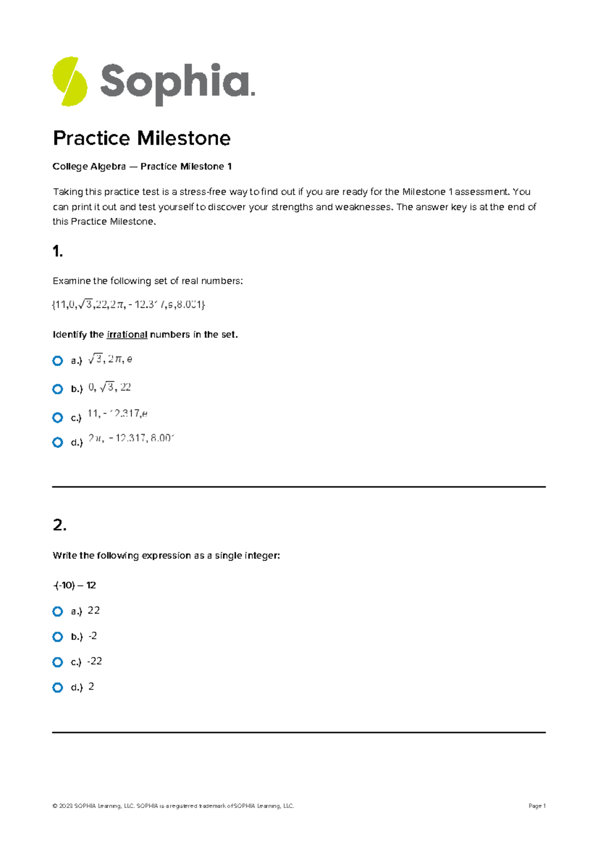 CA1001 College Algebra Practice Milestone 1 Review - Studocu