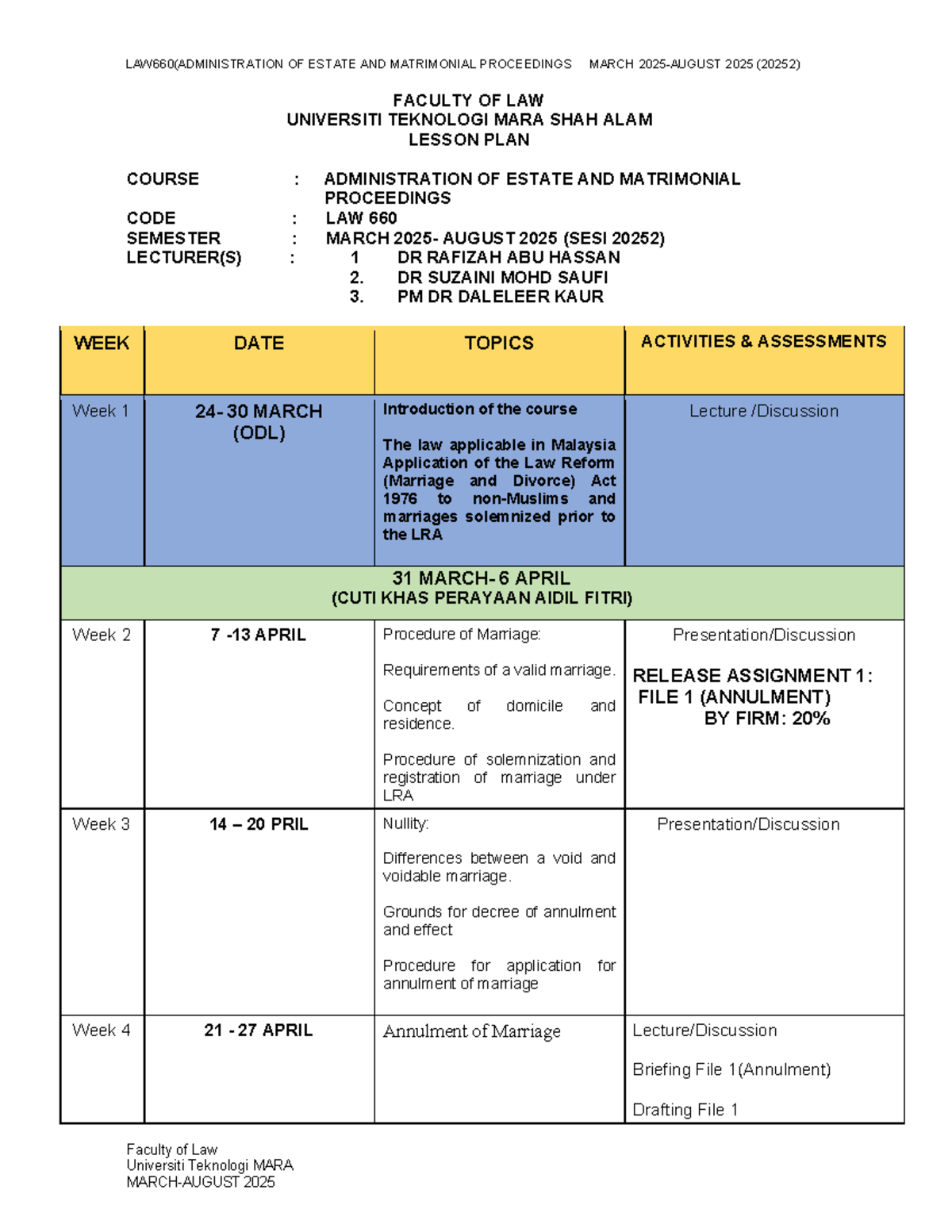 LP LAW 660 (Family Law) Lesson Plan March - August 2025 (20252) - Studocu