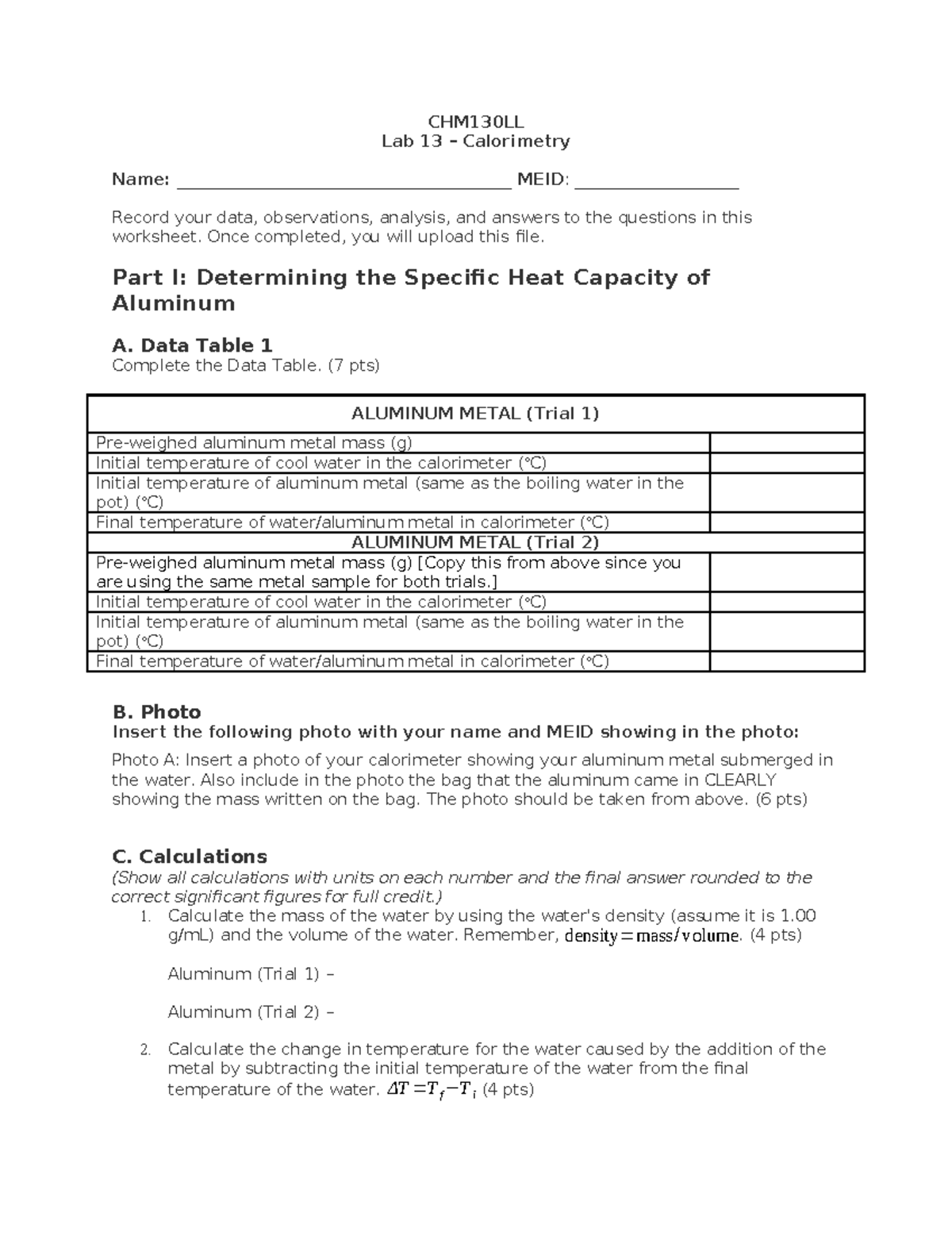CHM130LL Lab 13: Calorimetry Data and Analysis Worksheet - Studocu